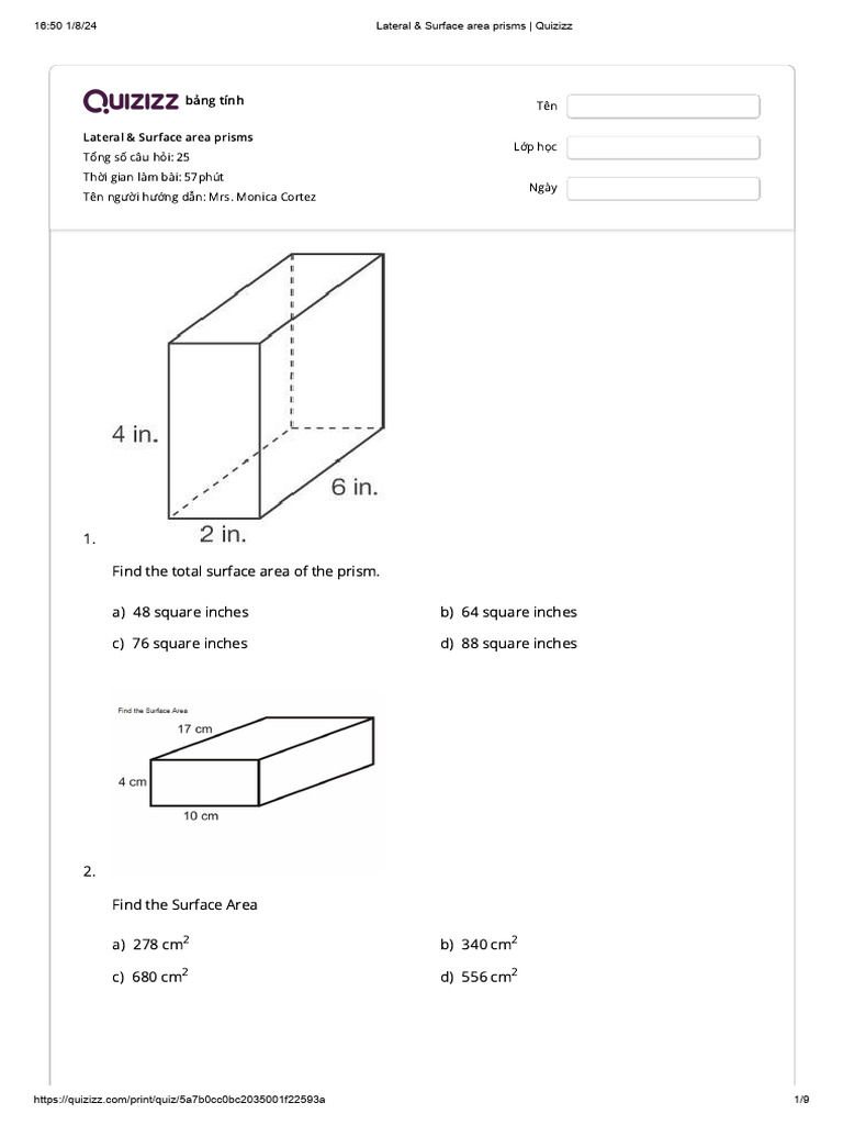 Lateral & Surface Area Prisms - Quizizz | PDF