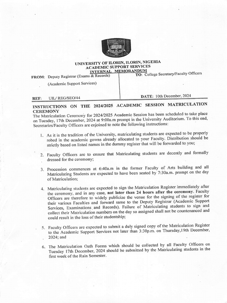 Instructions On The 2024 - 2025 Academic Session Matriculation | PDF