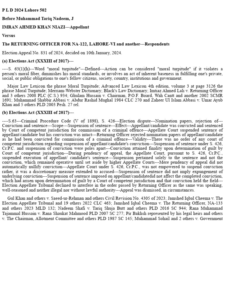 PLD 2024 502. Imran Khan Vs Returning Officer | PDF | In Rem ...