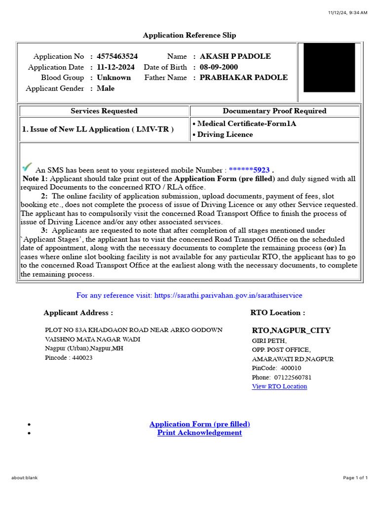 Application Number | PDF | Road Transport | Land Transport