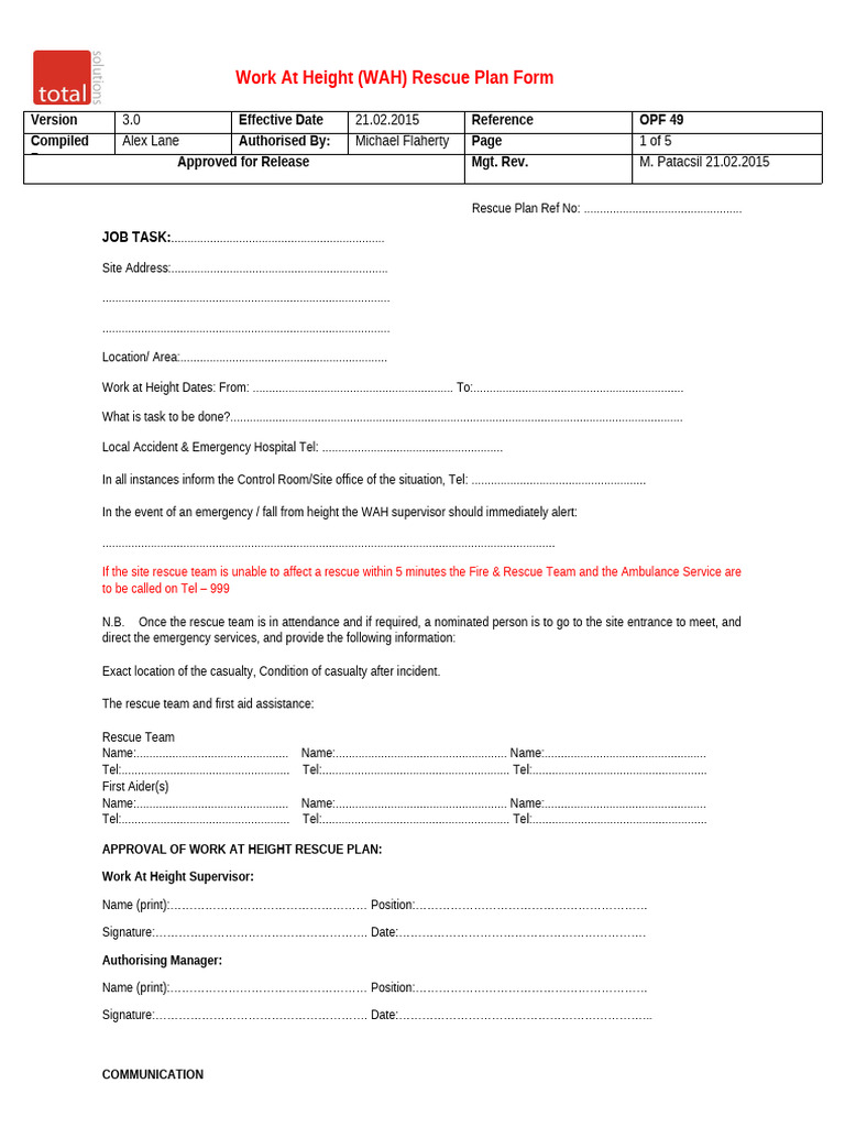 OPF 49 - Work at Height Rescue Plan Form - 1 | PDF | Safety