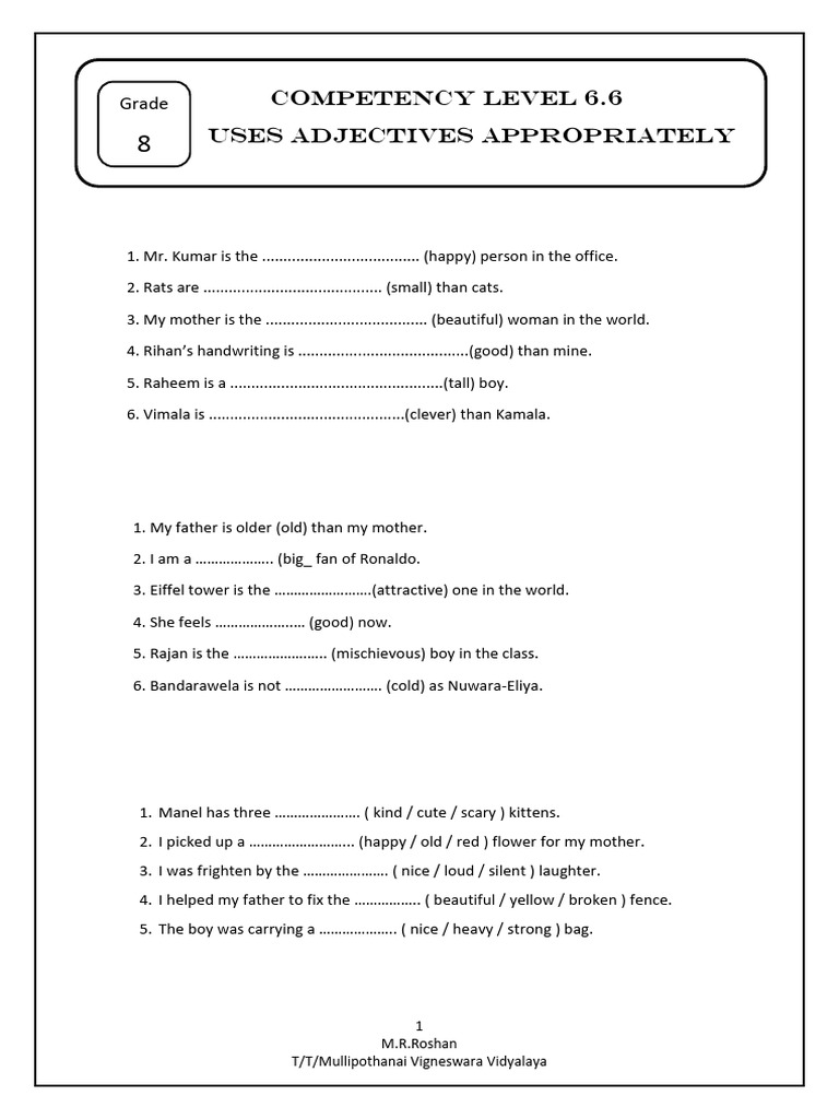 English - Grade 8 - Competency 6.6 - Adjectives Worksheet | PDF