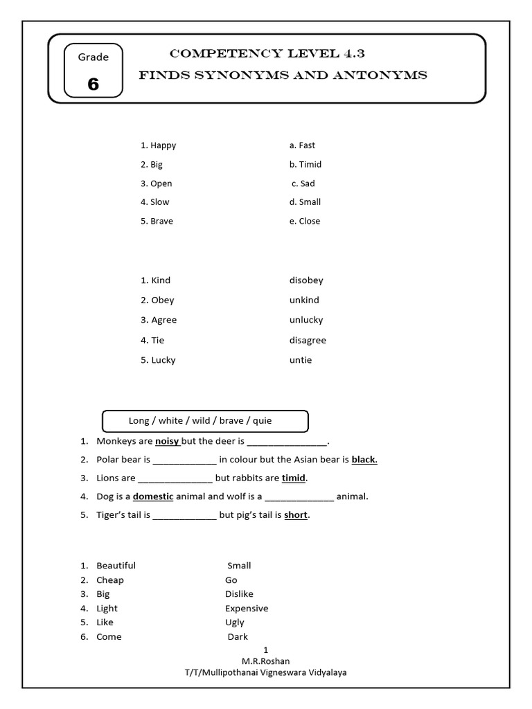 Antonyms Worksheet for Grade 6 | PDF