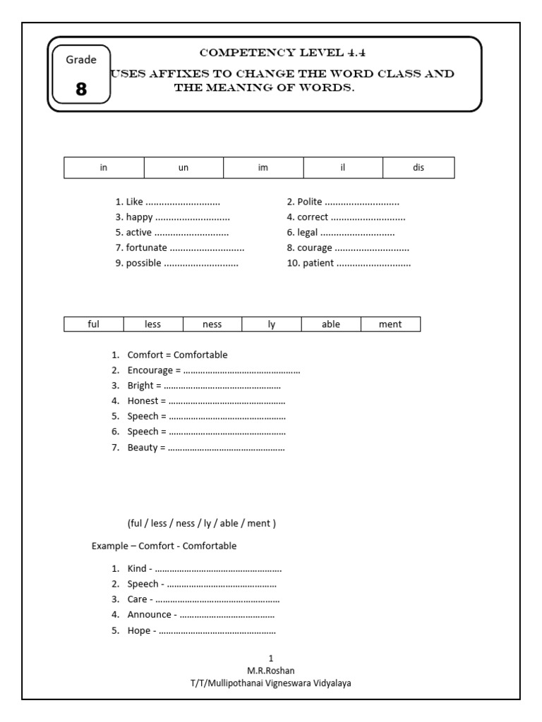 Affixes Exercises for Grade 8 | PDF | Human Communication | Linguistic ...