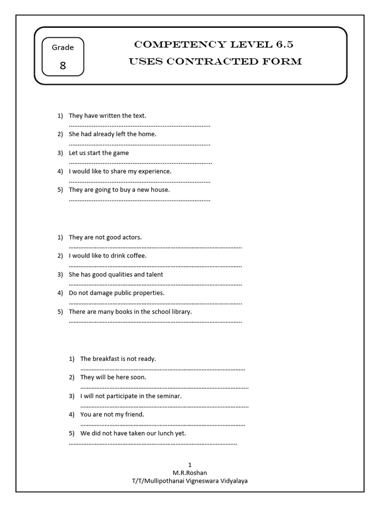 English Grade 8 Competency 6 5 Contracted Forms Worksheet | PDF