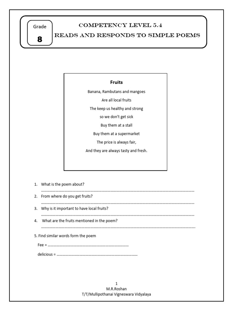 English - Grade 8 - Competency 5.4 - Simple Poems Worksheet | PDF | Fruit