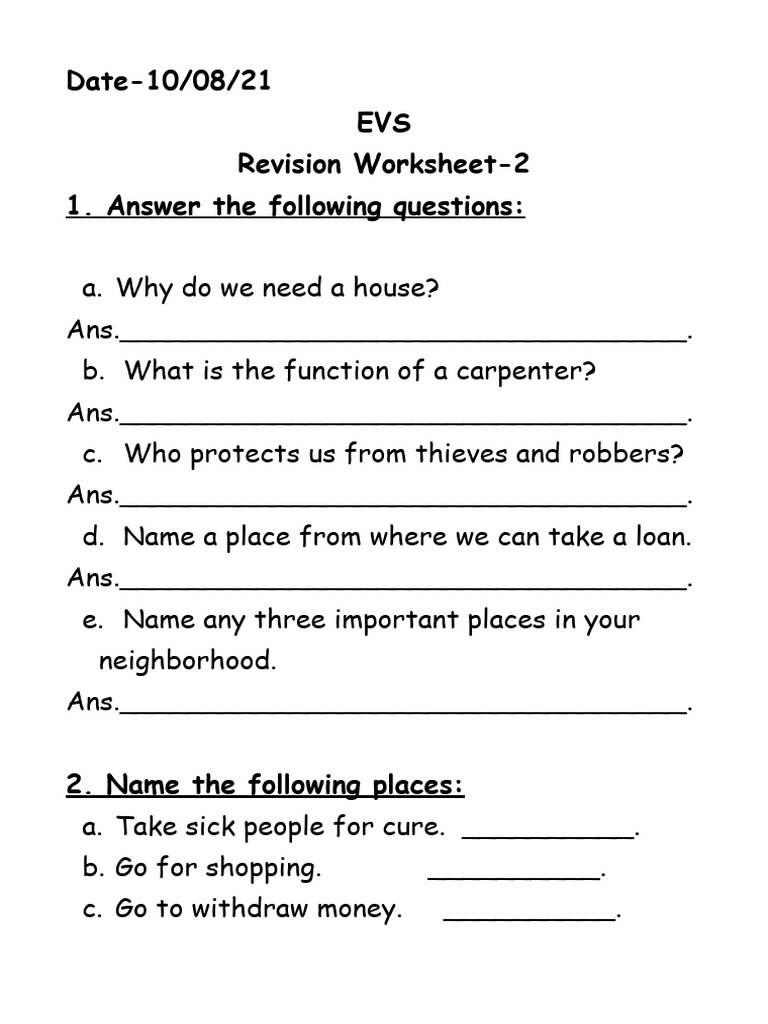 EVS Revision Worksheet for Grade 4 | PDF