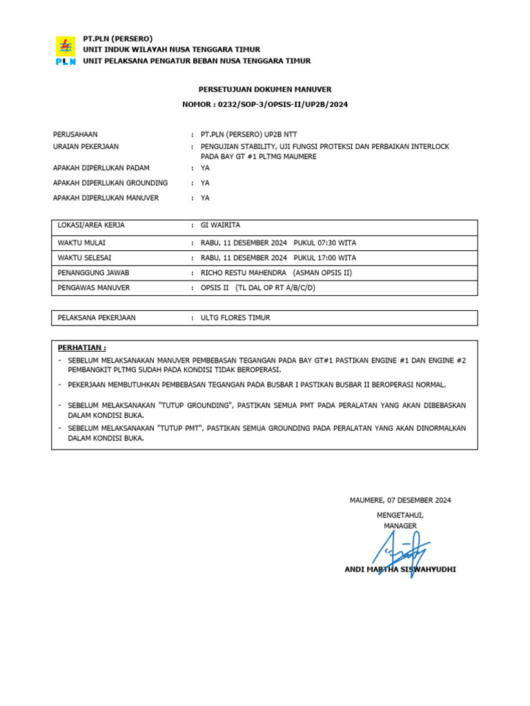 0232 Dok. Panduan Manuver Pekerjaan Pengujian Stability, Uji Fungsi Proteksi Dan Perbaikan ...