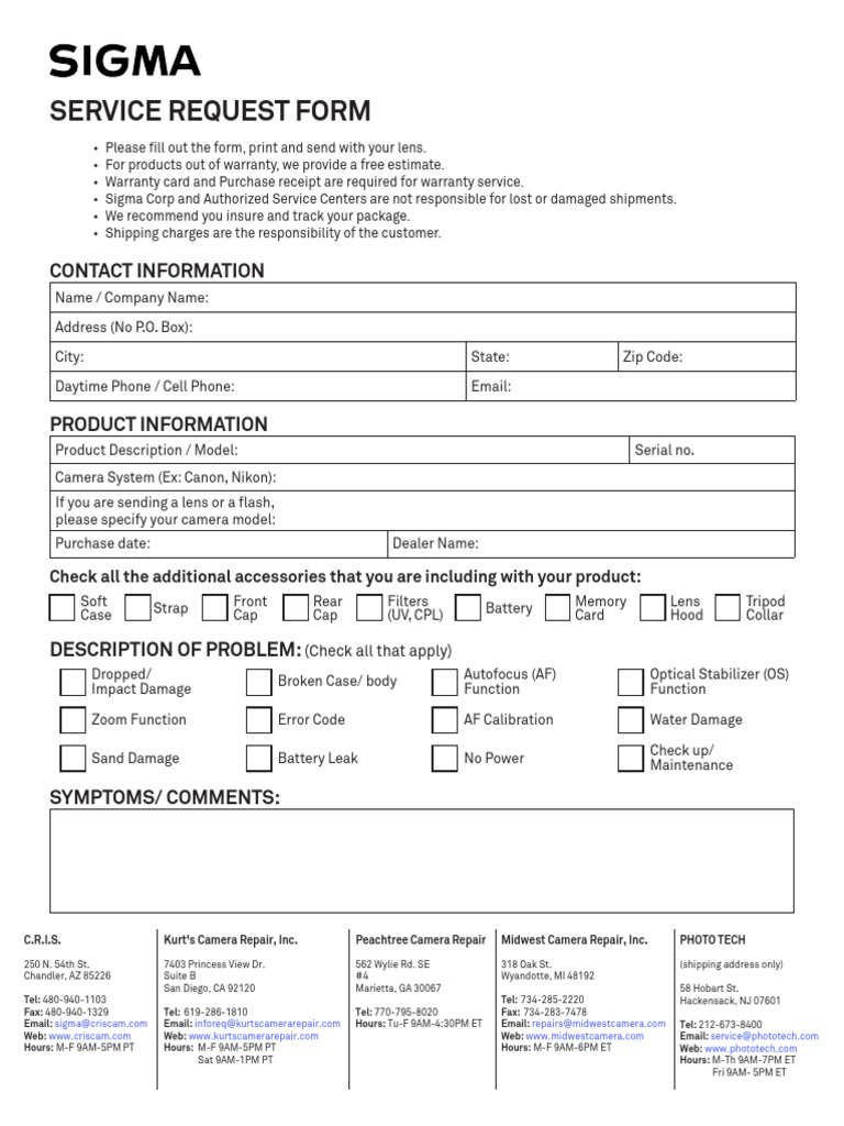 Service Request Form 2021 V2 - 2 | PDF | Camera | Camera Lens