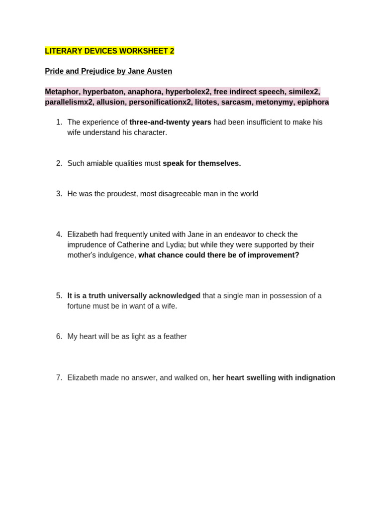Literary Devices in Pride and Prejudice | PDF
