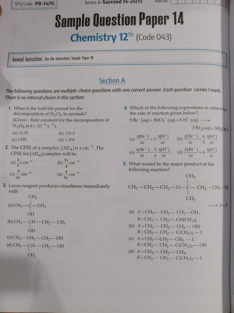 Adobe Chemistry Sample Ques. Paper 14 | PDF | Osmosis | Glucose