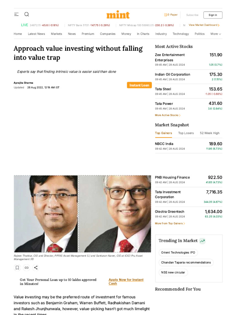 Approach Value Investing Without Falling Into Value Trap - Mint | PDF | Value Investing | Investing