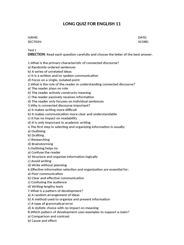 Long Quiz For English 11 | PDF | Information | Communication