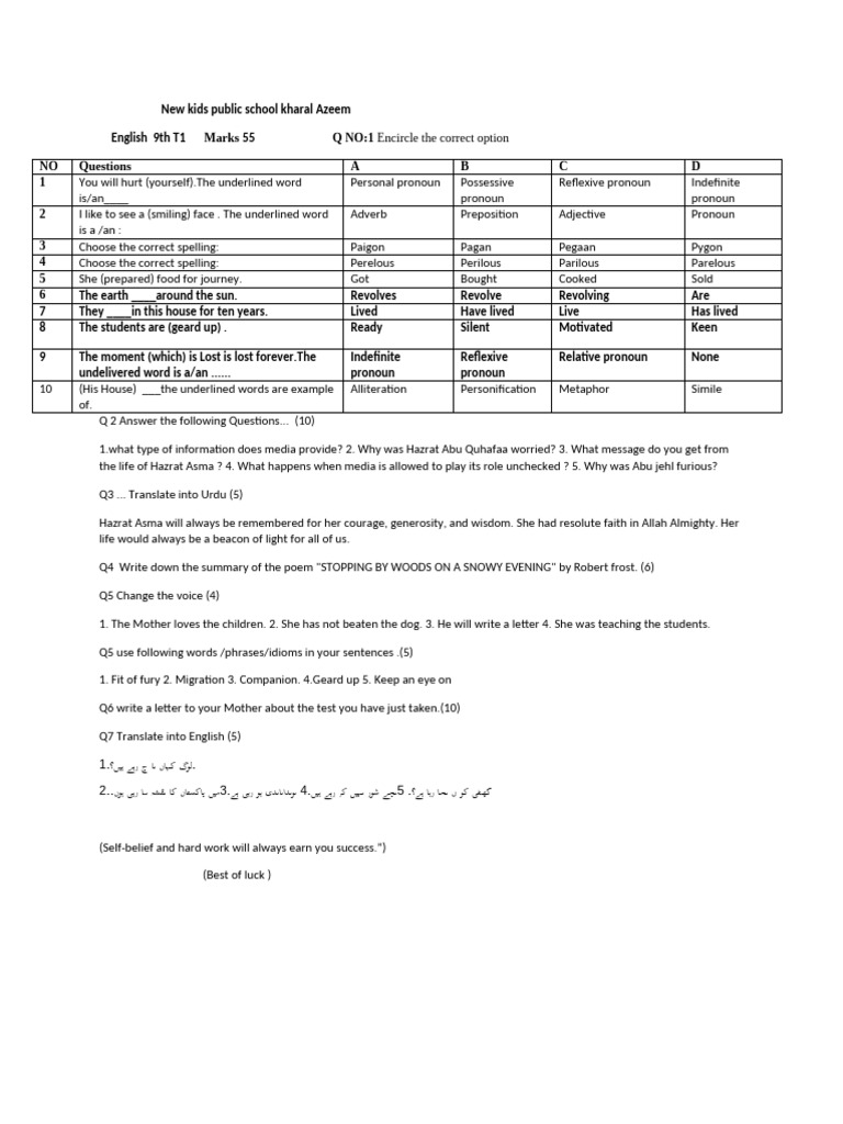 9th Grade English Exam Practice Questions | PDF | Pronoun | Semantics