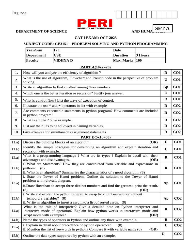 Python Cat 1 Question Paper Pdf Algorithms Python Programming Language