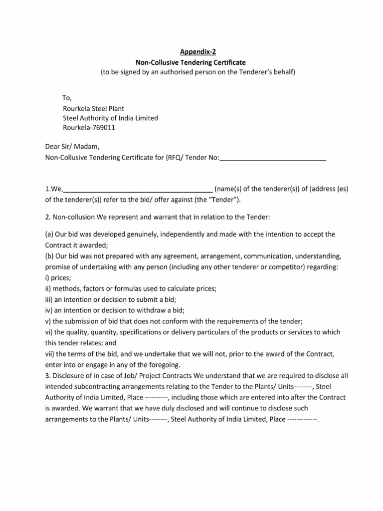 Non-Collusive Tendering Certificate | PDF