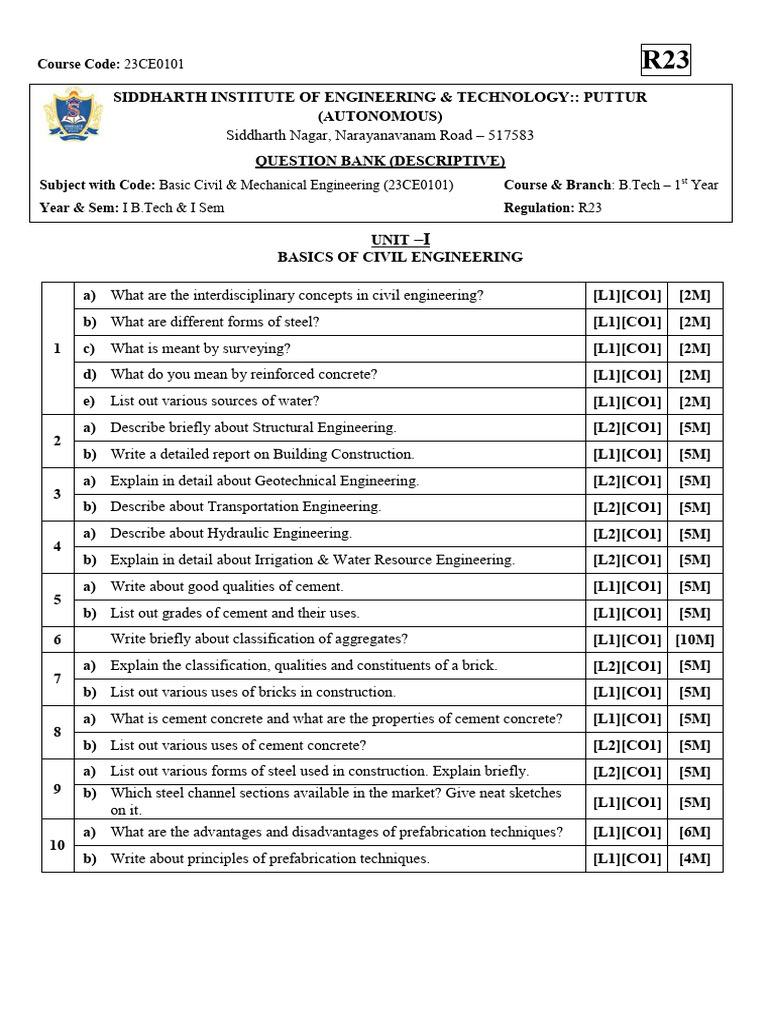 23CE0101 - BCME Question Bank For R23 | PDF | Surveying | Engineering
