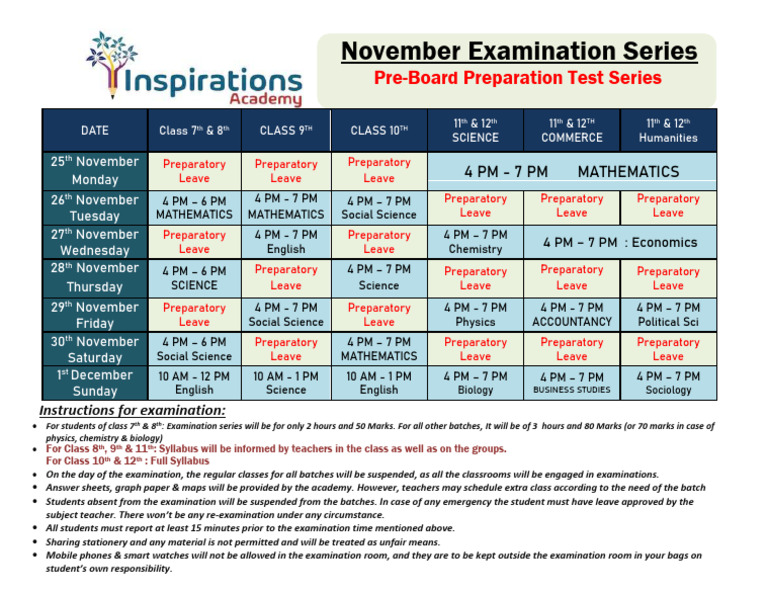 November Pre-Board Exam Schedule | PDF
