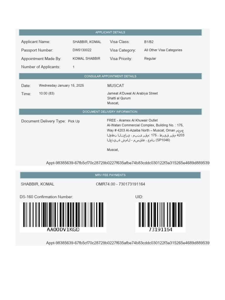 Appointment Confirmation for Komal Shabbir | PDF | Travel Visa ...