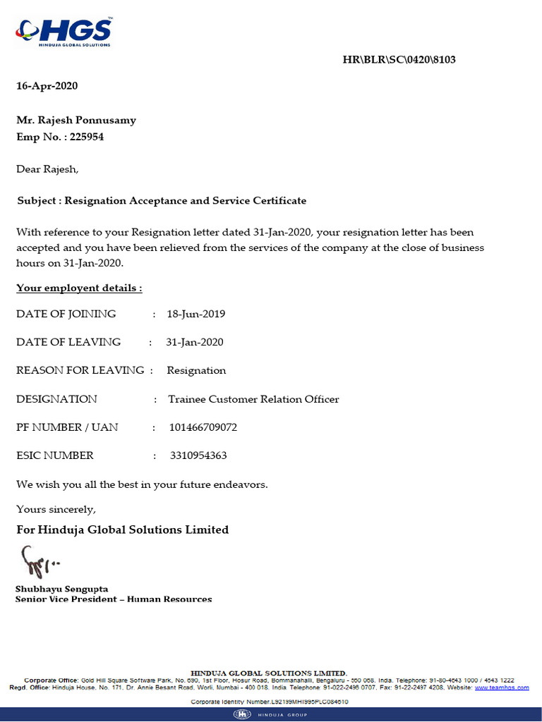 HGS Experience Letter | PDF