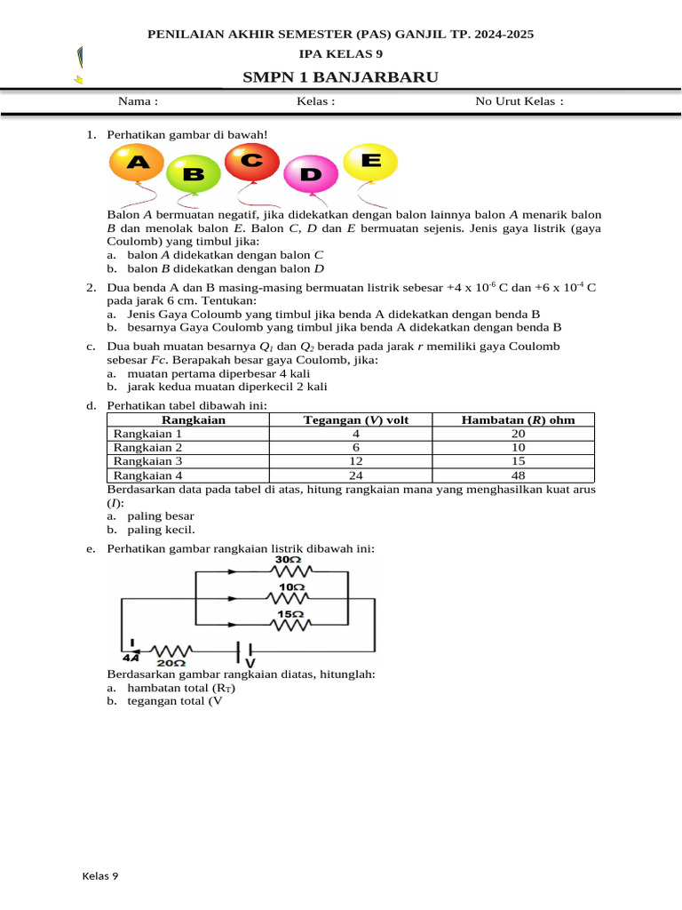 Soal PAS IPA Kelas 9 Ganjil TP.2024-2025 | PDF