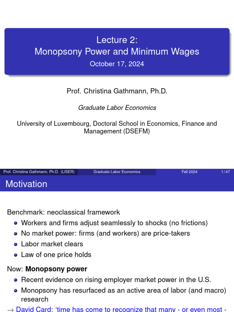 Gathmann2024 Lecture2 Monopsony MinWage | PDF | Labour Economics | Minimum Wage