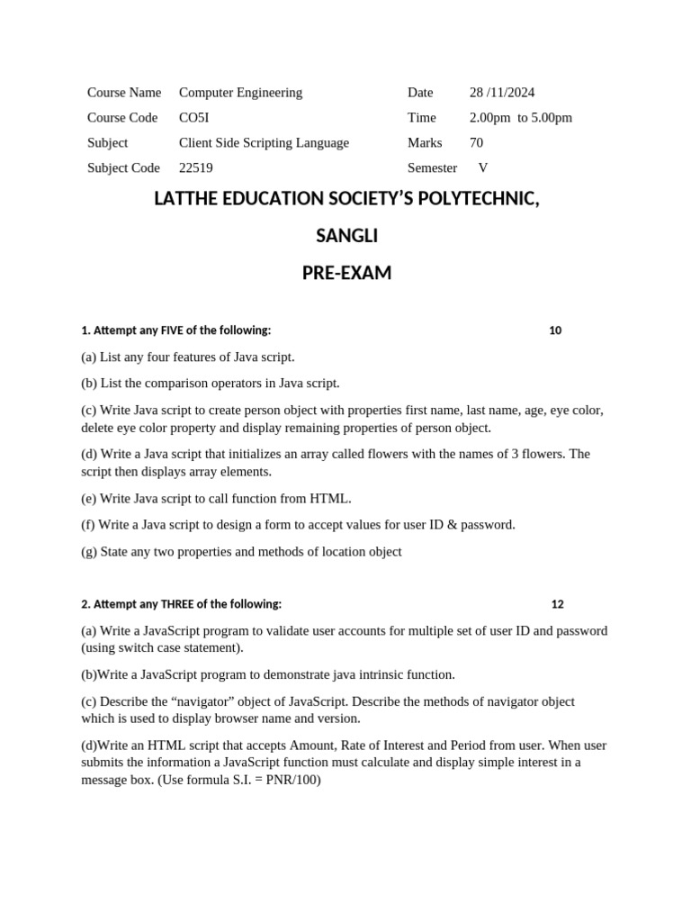 70 MARKS PAPER1 | PDF | Java Script | Computer Science