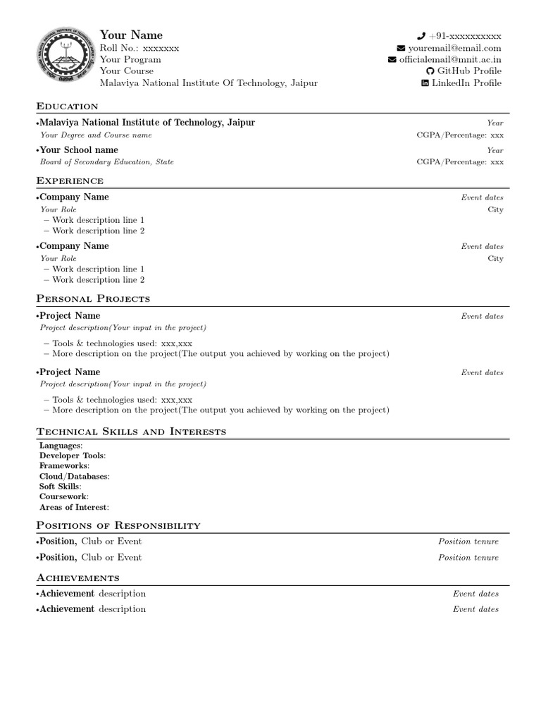 Mnit Jaipur Resume Template | PDF | Computing