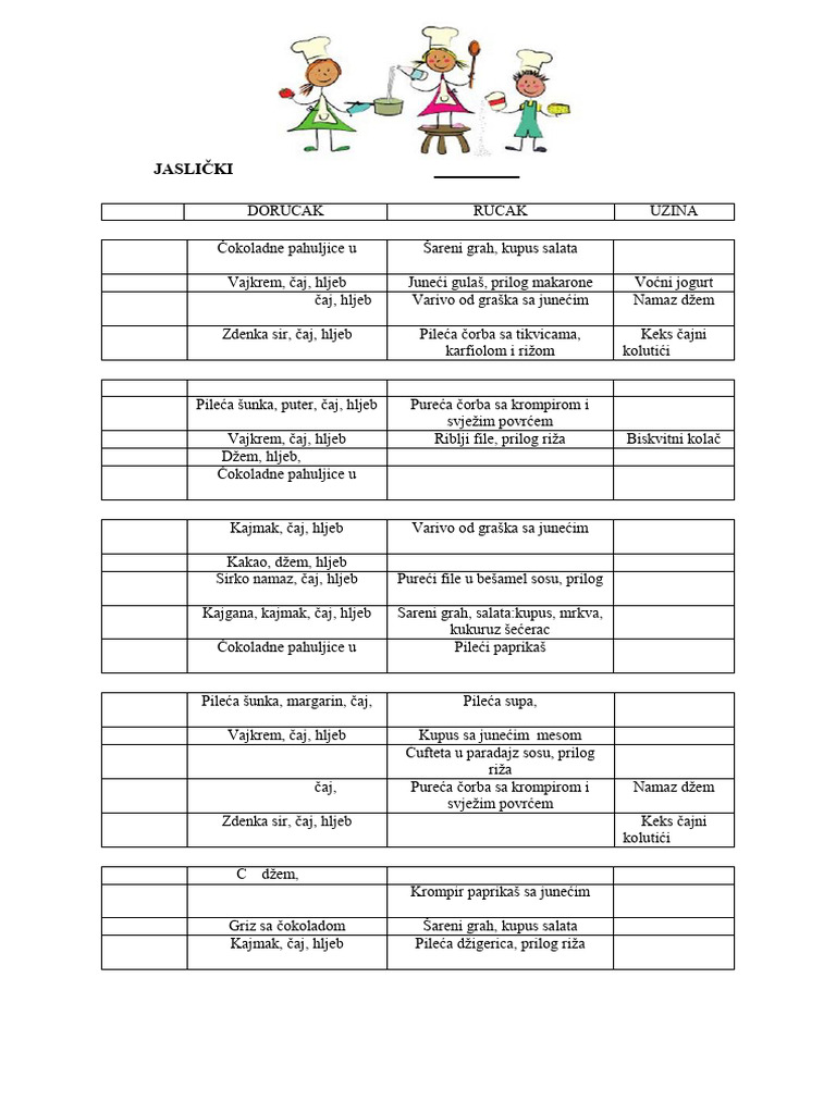 Jaslički Jelovnik Za Mjesec Oktobar 2024 | PDF