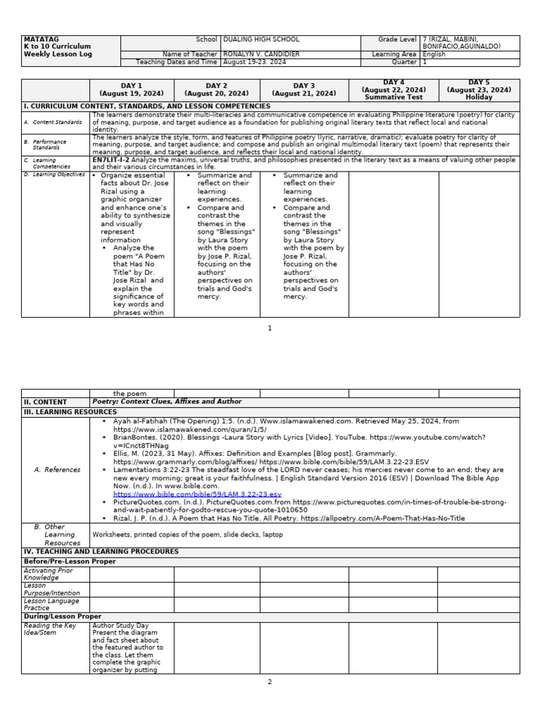7th Grade English Weekly Lesson Plan | PDF | Poetry | English Standard ...