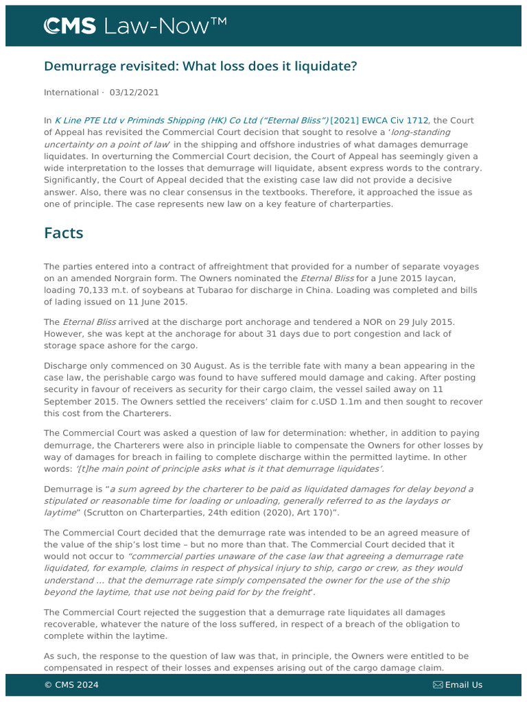 Demurrage Revisited What Loss Does It Liquidate | PDF | Damages | Breach Of Contract