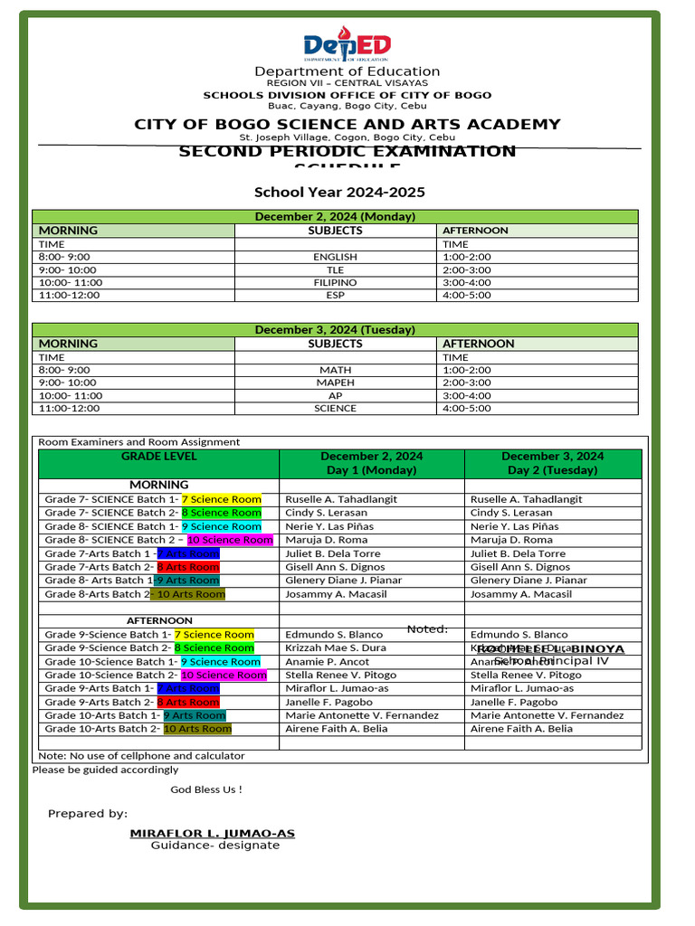 2024-2025 Second Periodic Exam Schedule | PDF