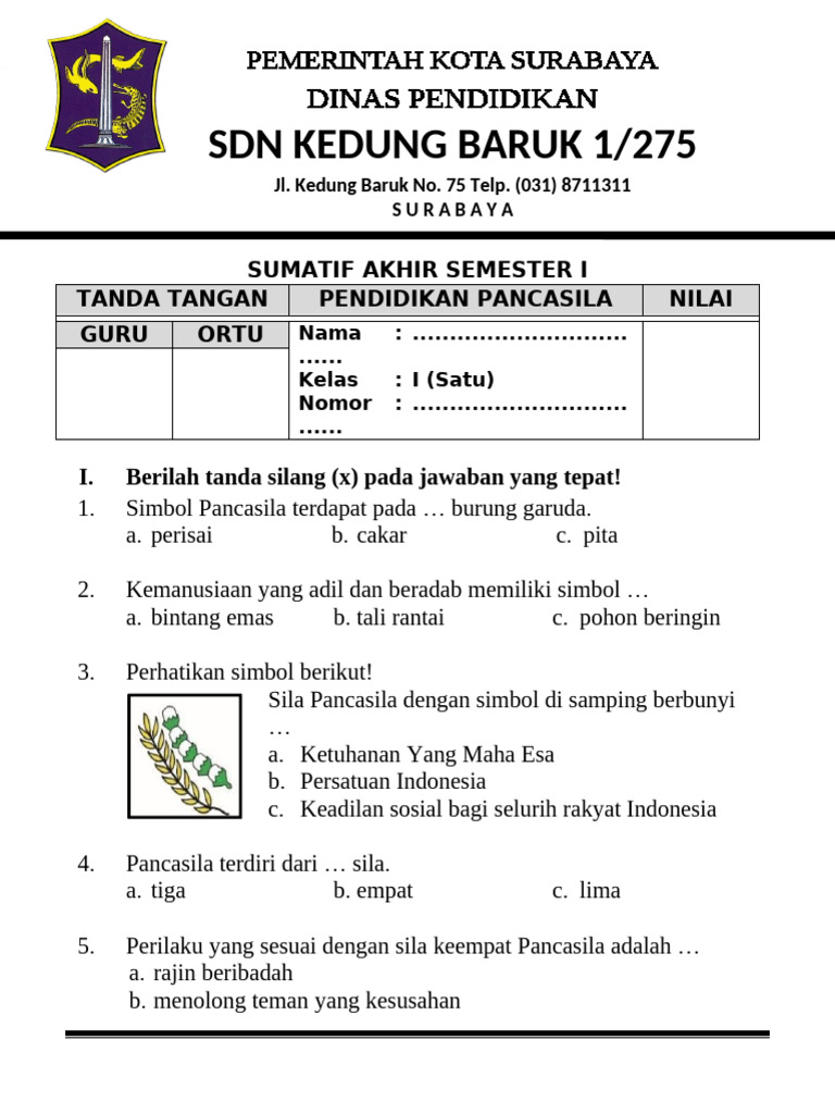 Ujian Pancasila Kelas 1 SDN Kedung Baruk | PDF
