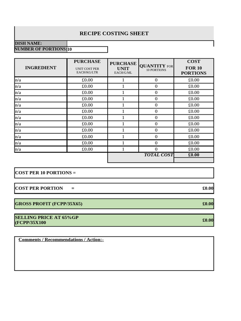 Recipe Costing Sheet Template | PDF