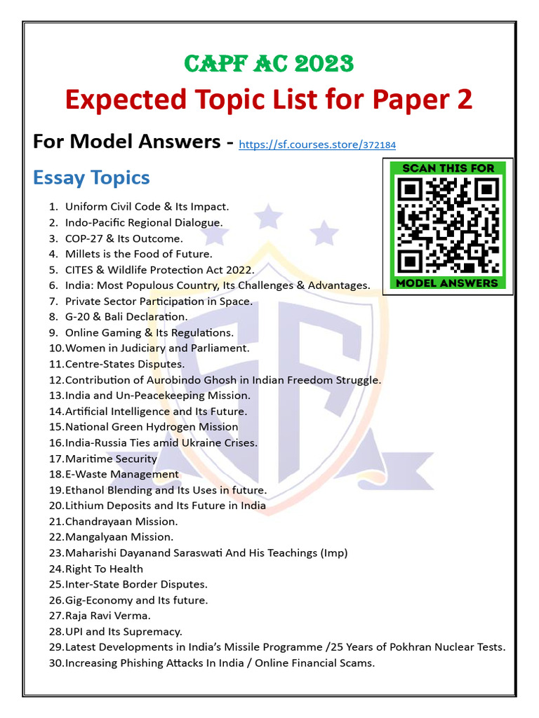 CAPF AC 2023 Essay Topics List | PDF