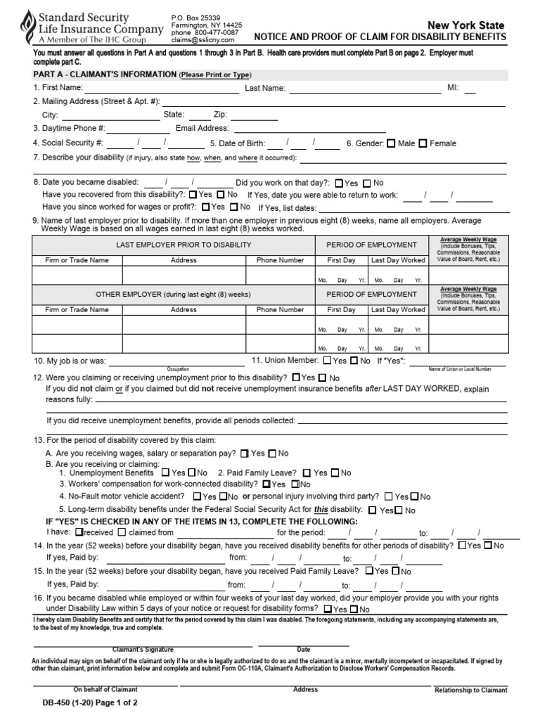 Disability Benefits Claim Form DB-450 | PDF | Employment | Social ...