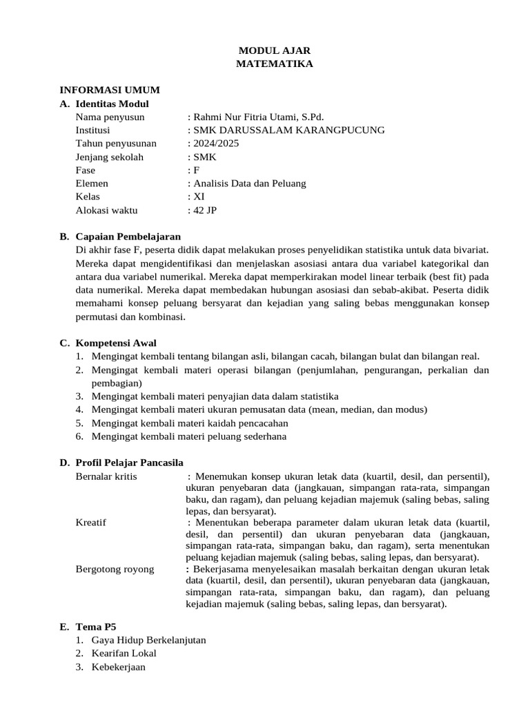 MA MTK KELAS XI - Elemen 5 Analisis Data Dan Peluang - Rahmi Nur Fitria Utami | PDF