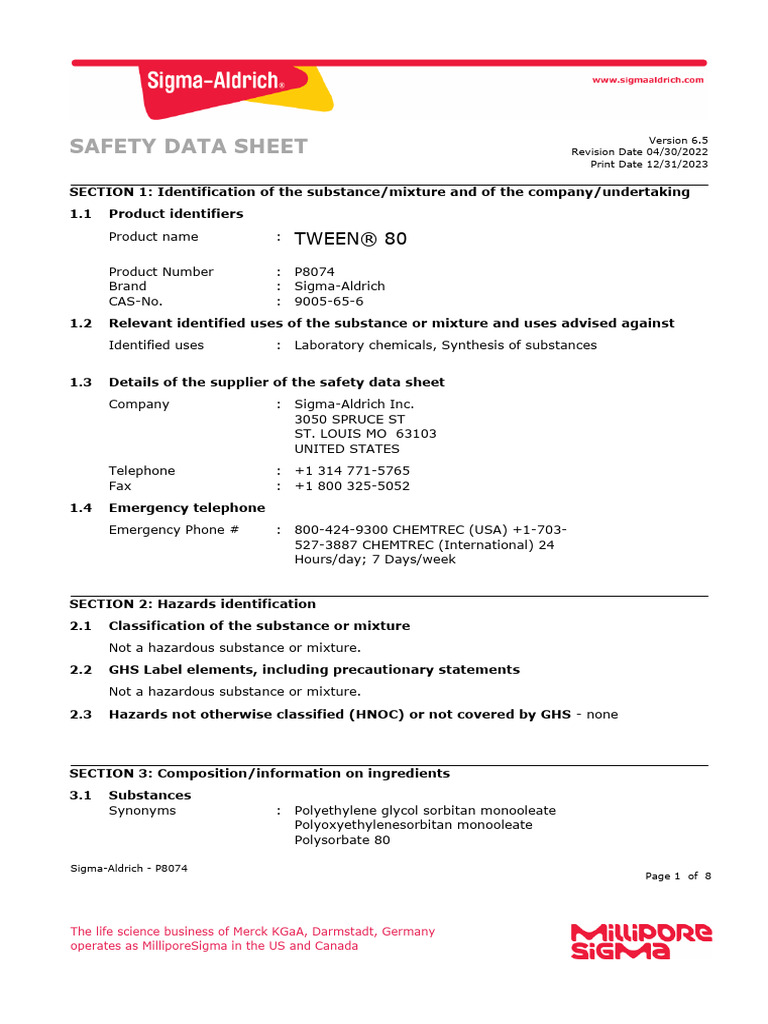 Sds Tween 80 | PDF | Occupational Hygiene | Personal Protective Equipment