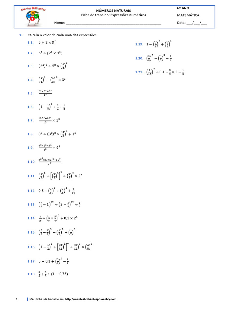Ficha de Expressões Numéricas 6º Ano | PDF