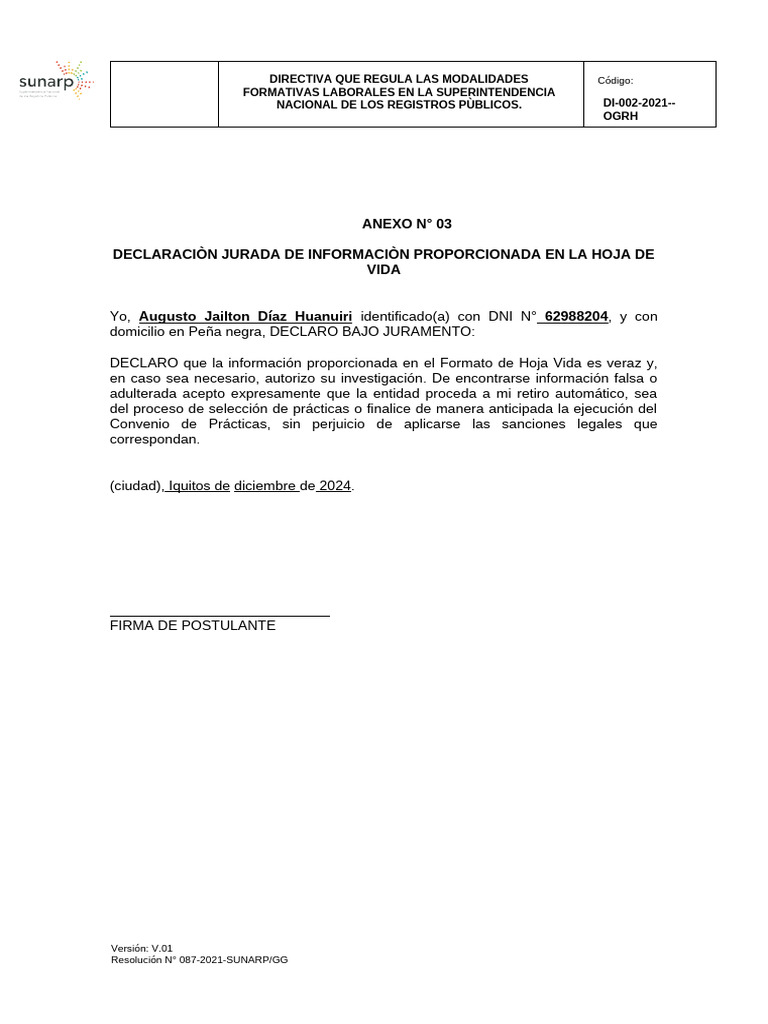 Anexo N.° 03 - Declaración Jurada de Información Proporcionada en La Hoja de Vida | PDF