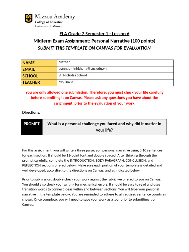 ELA 7A 2022 Lesson 6 Midterm Exam Assignment PersonalNarrative TEMPLATE ...