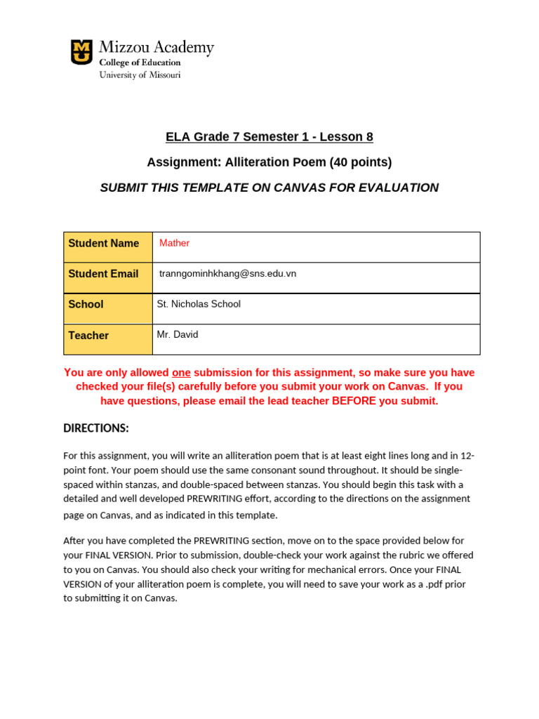 ELA_7A_2022_Lesson_8_Assignment_AlliterationPoem_TEMPLATE-1 | PDF ...
