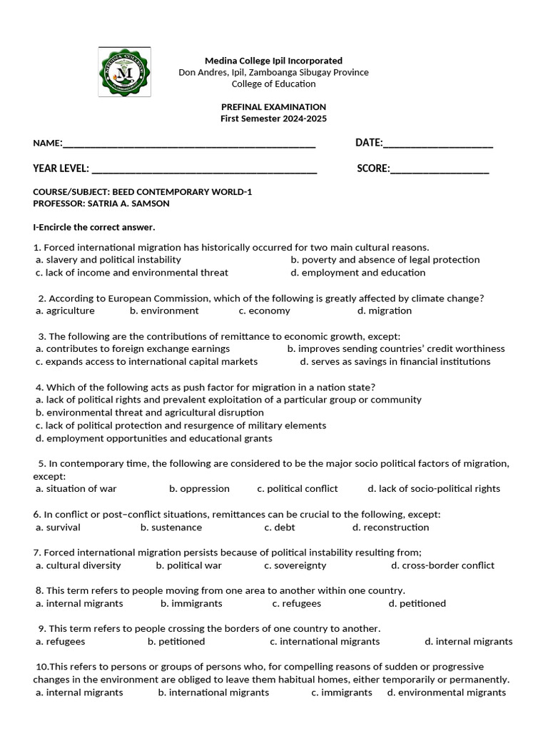 Contemporary World Prefinal EXAM | PDF | Human Migration | Immigration