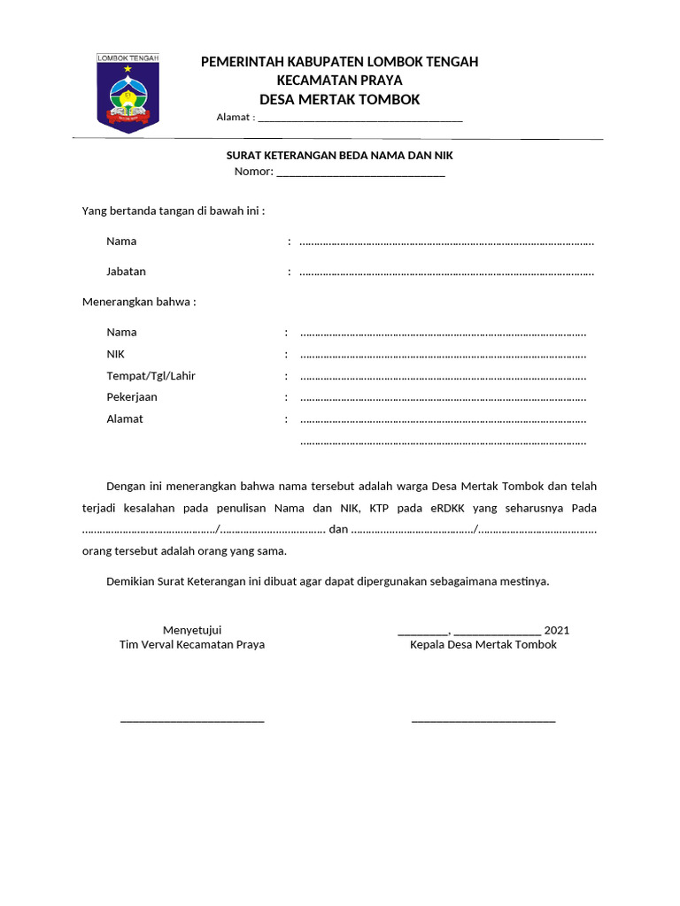 Surat Keterangan Beda Nama Dan Nik | PDF