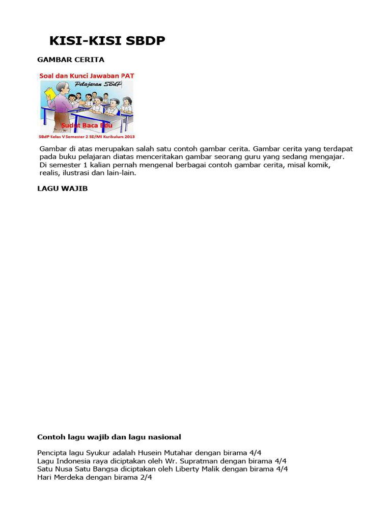 Kisi-Kisi Anak Kelas 5 SBDP | PDF