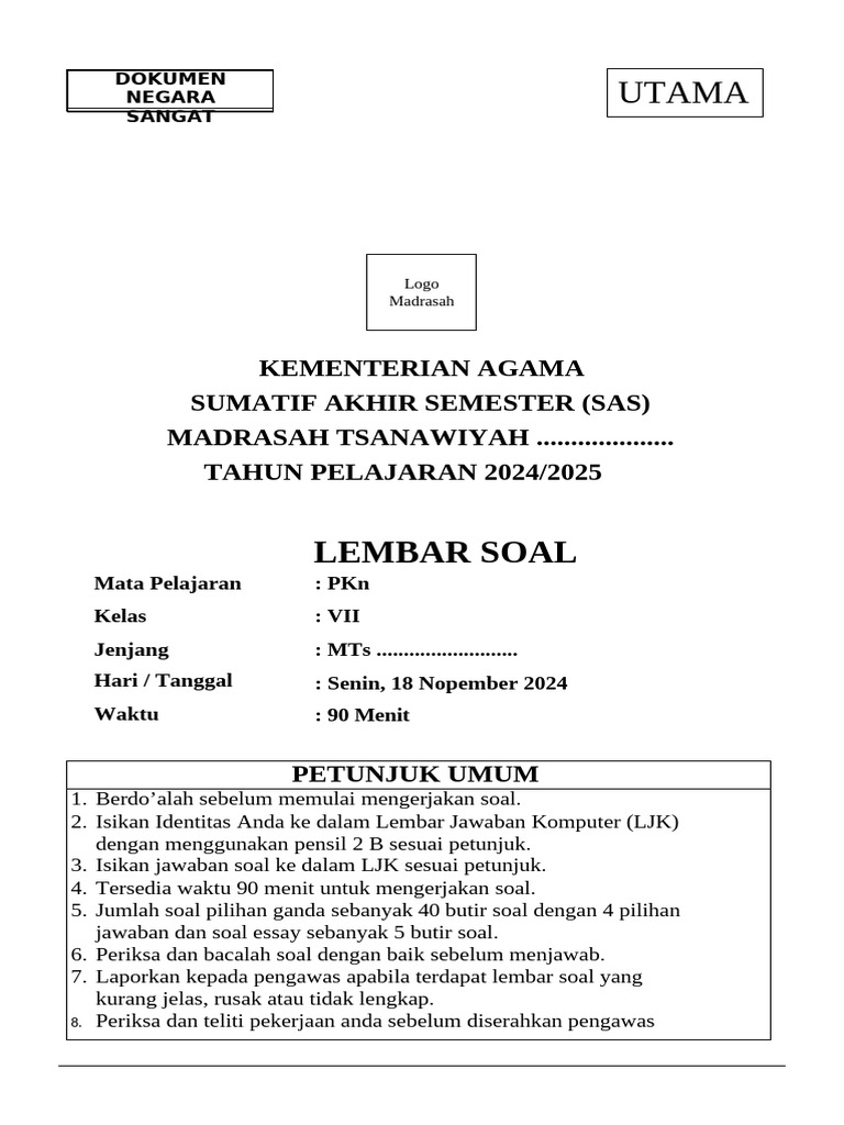 6. NASKAH SAS MAPEL PKn KELAS 7 PAKET 02 TAPEL 2024-2025 | PDF