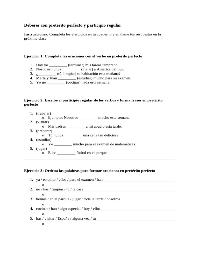 Deberes Con Pretérito Perfecto y Participio Regular | PDF