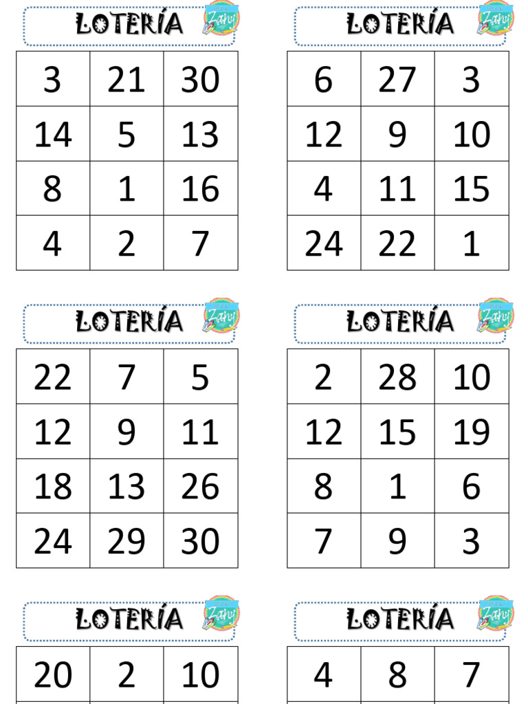 Loteria Numeros Del 1 Al 30 - Materiales Zany | PDF