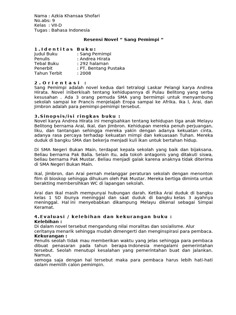Resensi Novel "Sang Pemimpi" Andrea Hirata | PDF