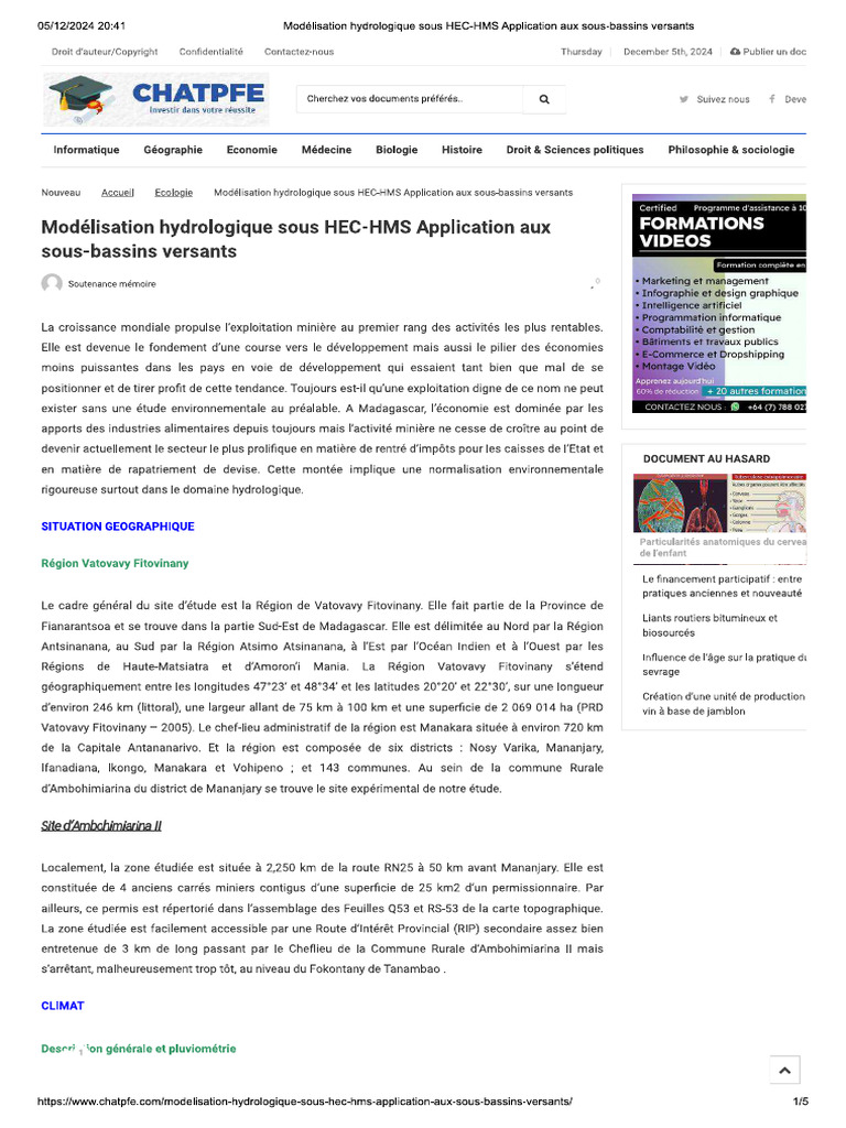 Modélisation Hydrologique Sous HEC-HMS Application Aux Sous-Bassins Versants | PDF
